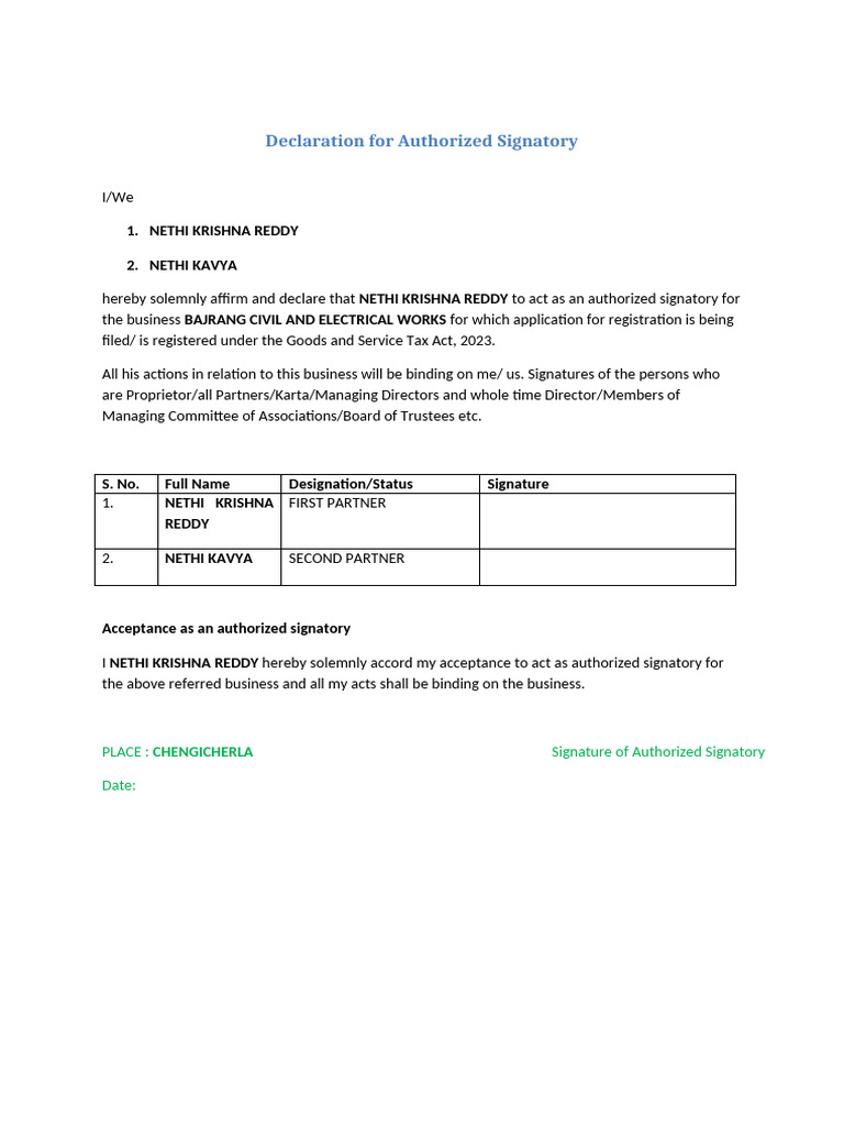 Declaration For Authorised Signatory FOR GST | PDF