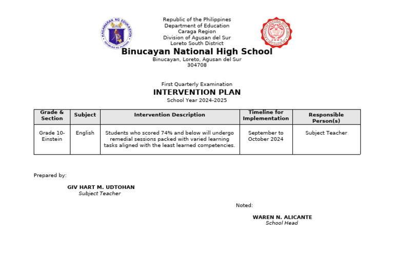 Einstein - English 10 - Intervention Plan - S.Y. 2024 2025 | PDF