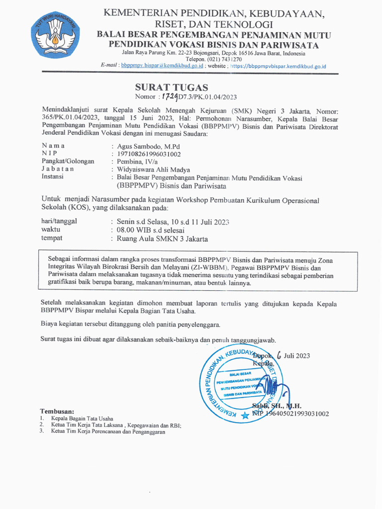Surat Tugas Agus Sambodo06072023 - Narasumber | PDF