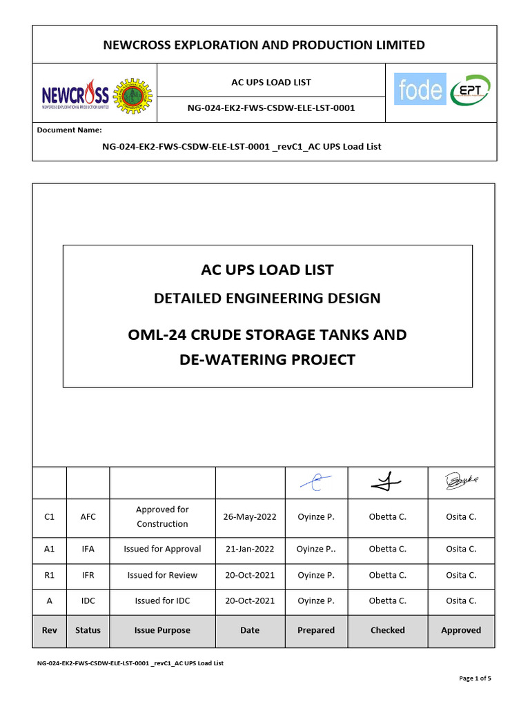 NG 024 Ek2 Fws CSDW Ele LST 0001 - Revc1 - Ac Ups Load List | PDF