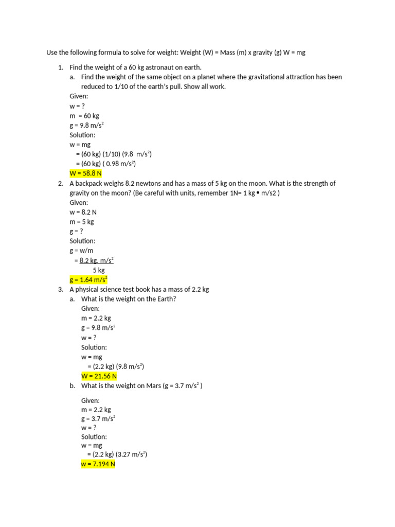 Use The Following Formula To Solve For Weight | PDF