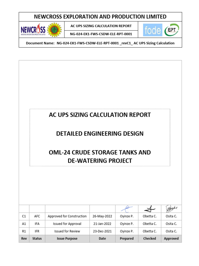 NG-024-EK1-FWS-CSDW-ELE-RPT-0001 - Revc1 - AC UPS Sizing Calculation | PDF