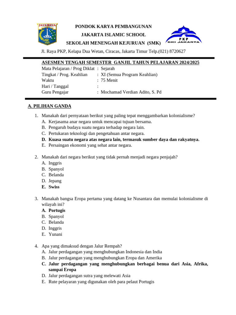 Soal Ats Ganjil Sejarah Kelas Xi | PDF