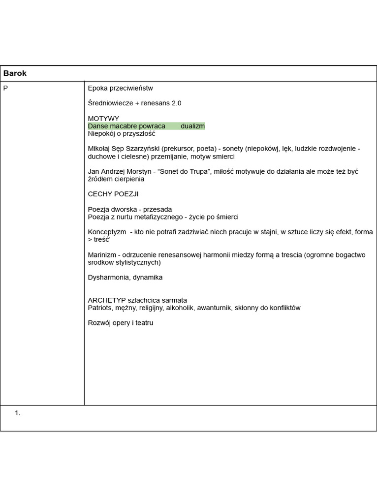 Barok - Notatka Matura | PDF