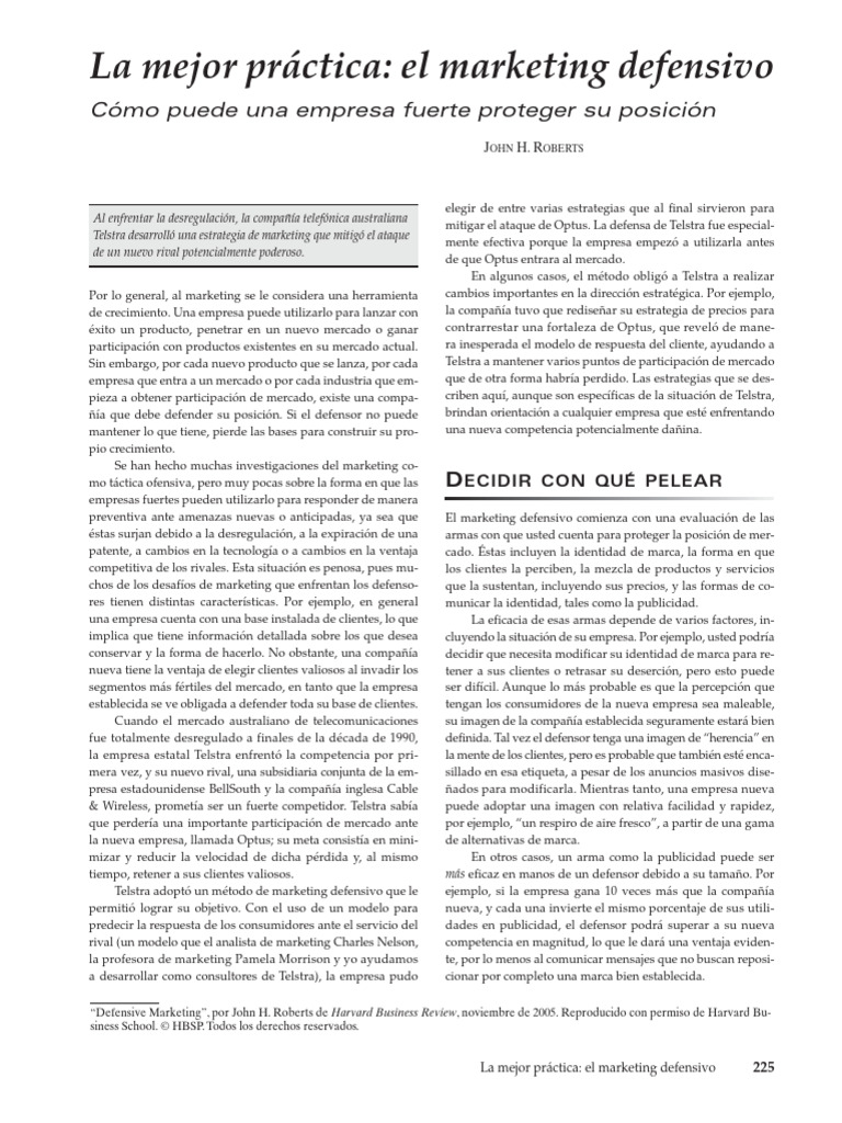 Lectura - La Mejor Práctica El Marketing Defensivo - JRoberts HBR | PDF