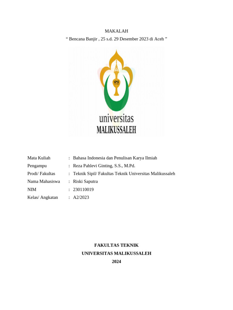 UAS - Bahasa Indonesia - A2 - Riski Saputra - 23010019 | PDF