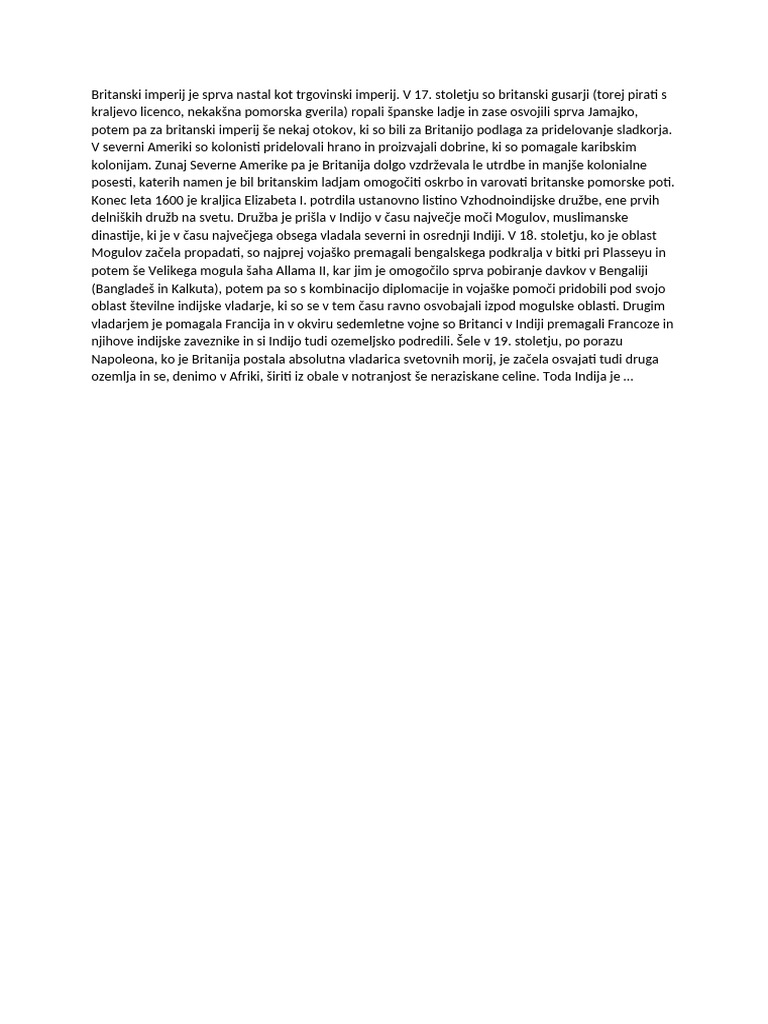 Britanski Imperij Je Sprva Nastal Kot Trgovinski Imperij | PDF