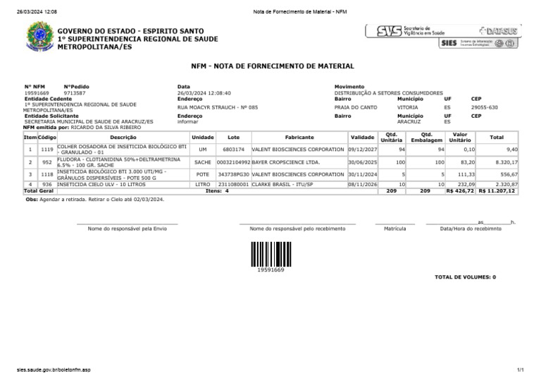 Nota de Fornecimento de Material - NFM-1 - 240327 - 073151 | PDF