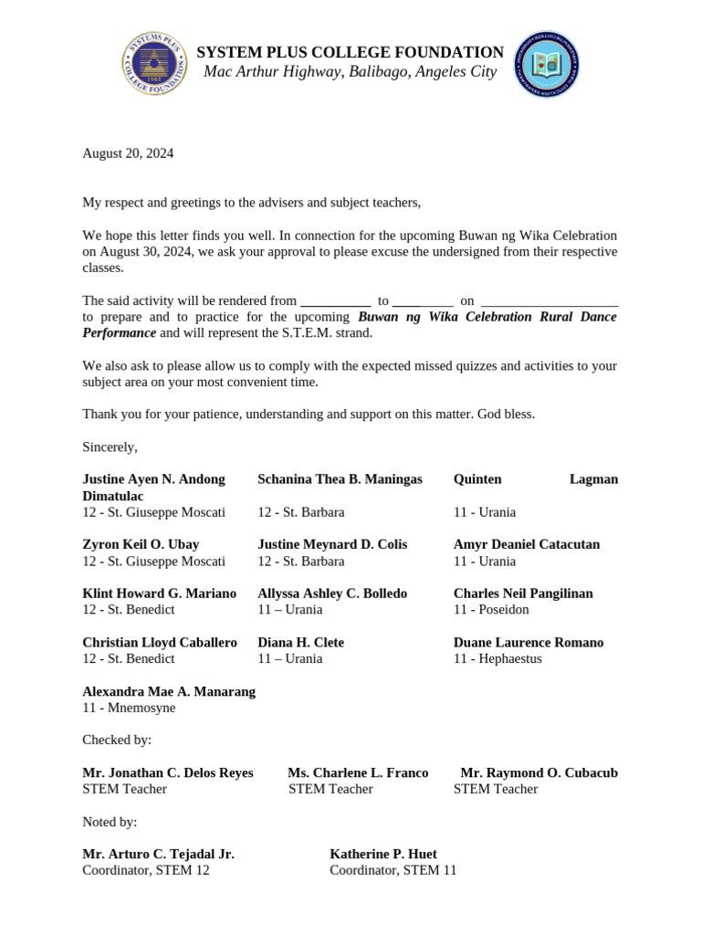 Rural Dance excuse letter | PDF