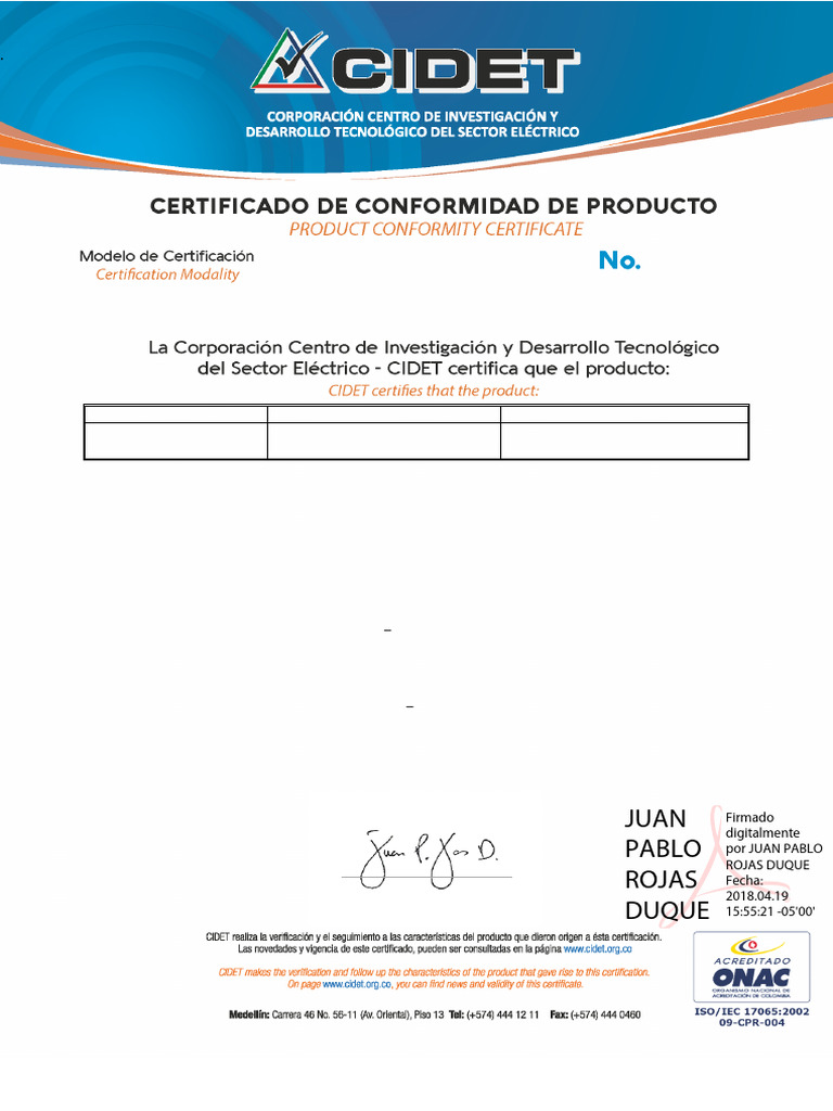 Certificado RETIE Bloque de Distribucion | PDF