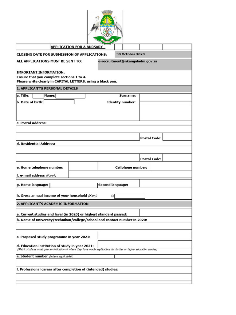 NDM Bursary Application Form For Academic Year 2021 | PDF