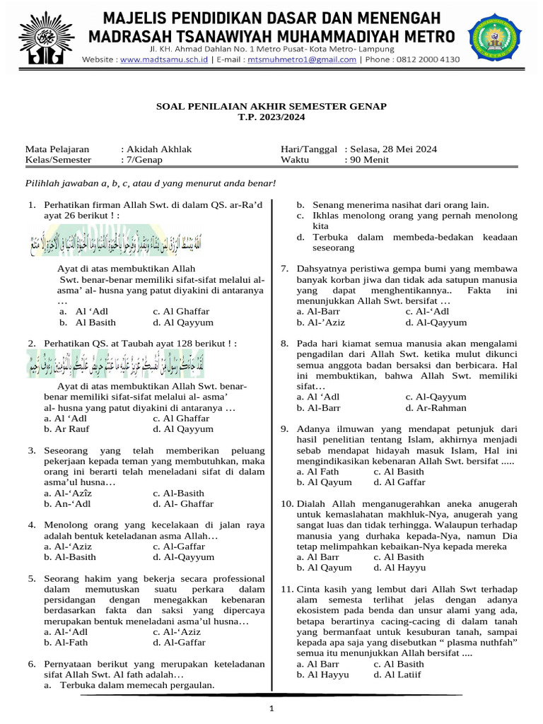 Soal PAS Genap Akidah 7 | PDF