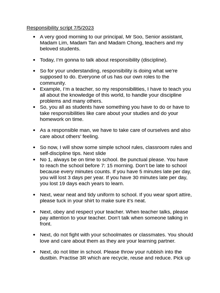 Assembly Talk - Responsibility Script | PDF