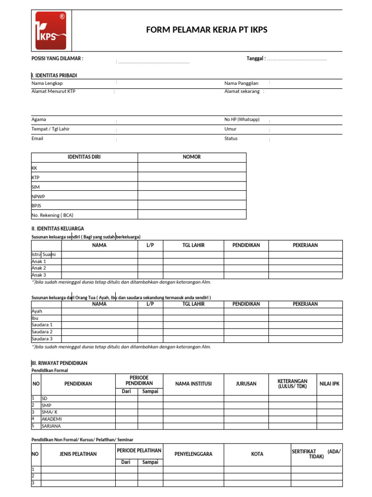 Form Pelamar Kerja PT Ikps Medan | PDF