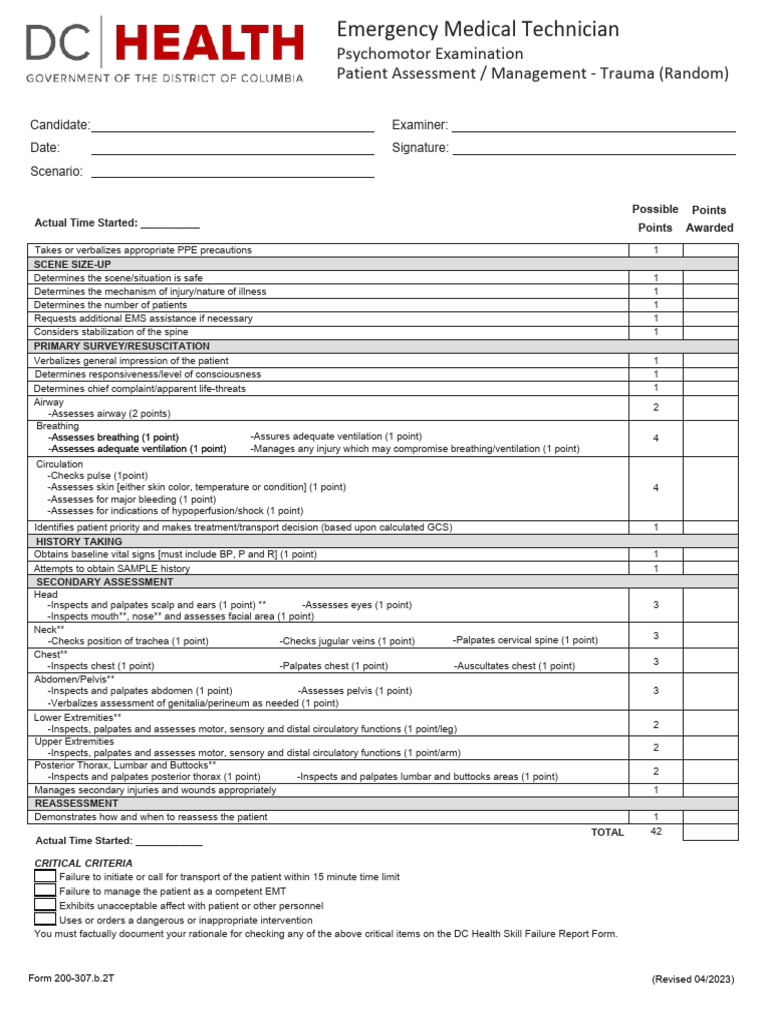 Form 200-307.b.2T - DC EMT Trauma Assessment Skillsheet | PDF