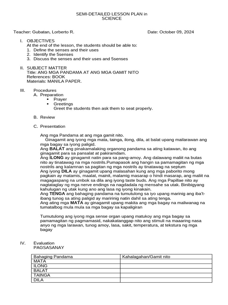Lesson Plan Science | PDF | Senses | Nervous System