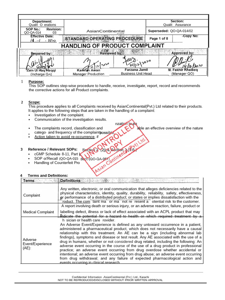 SOP for Product Complaint 2 | PDF