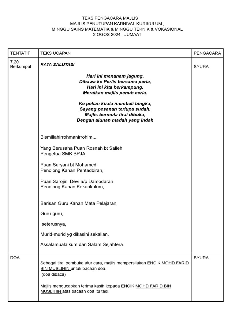 Teks Pengacara Majlis Penutup Karnival Kurikulum 2024 | PDF