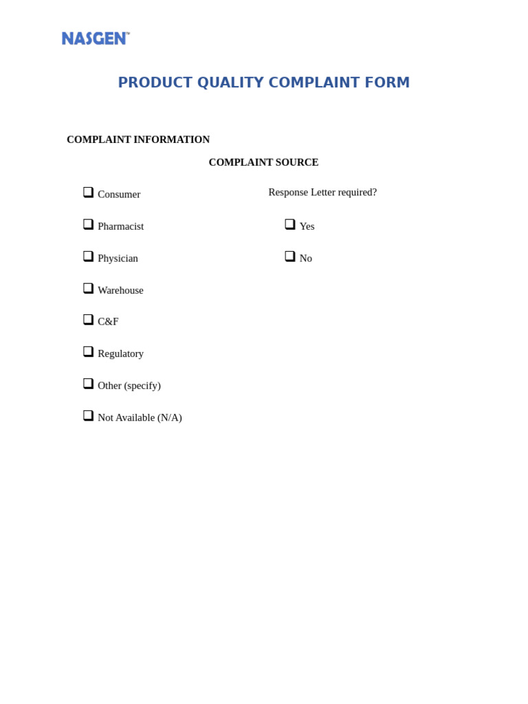 Product Quality Complaint Form | PDF