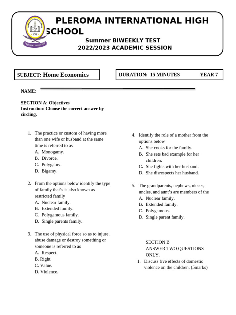 Year 7 Homec 1st Bi-Weekly | PDF