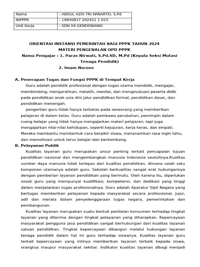 TUGAS RESUME IV PENGENALAN OPD PPPK - ABDUL AZIS TRI WINARTO, S.PD | PDF