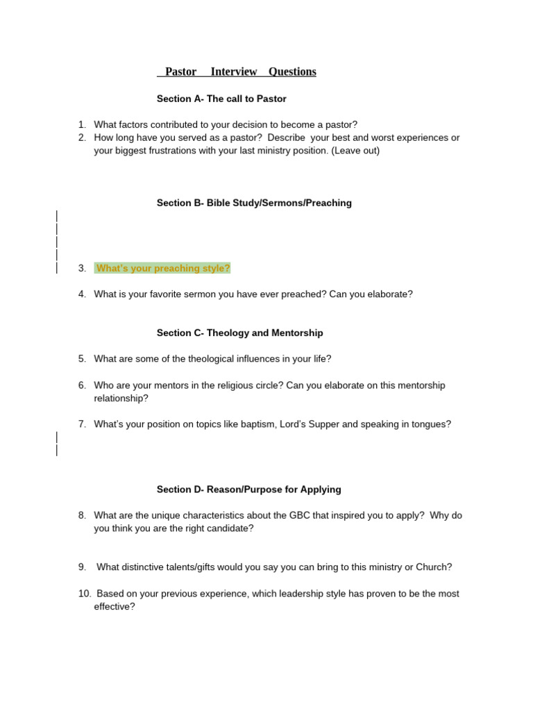 Pastor Interview Questions | PDF