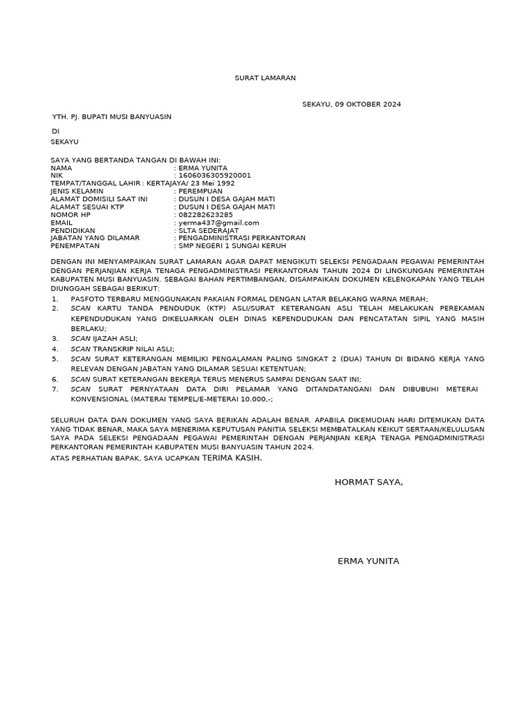 FORMAT SURAT LAMARAN Erma | PDF