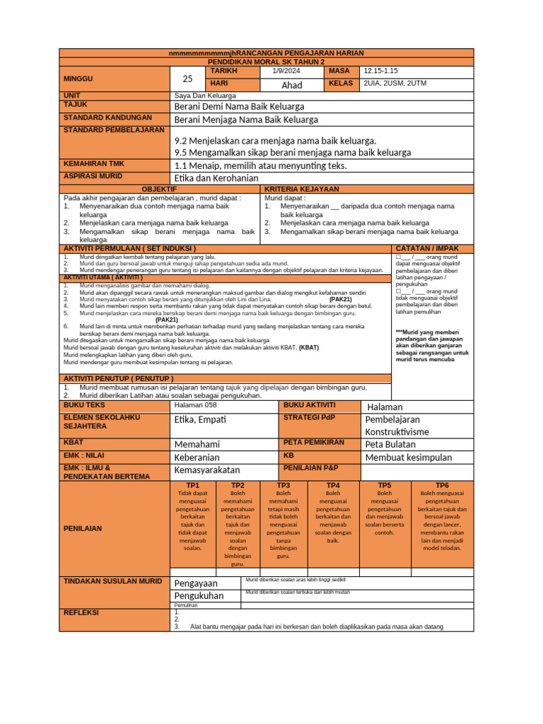 M23 RPH Pendidikan Moral THN 2 2024-2025 by Cikgu Gorgeous | PDF