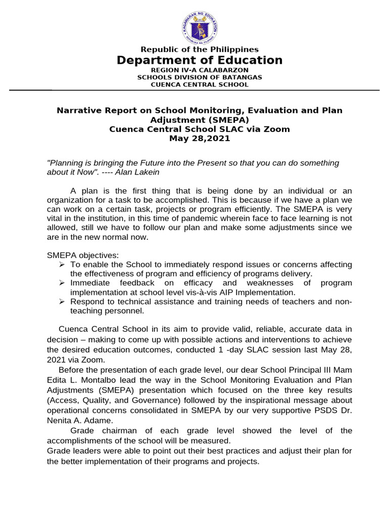 Narrative Report-School Monitoring Evaluation and Plan Adjustment ...