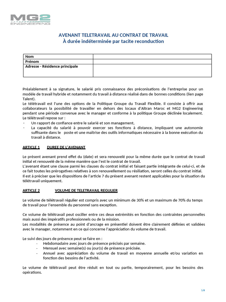 Modéle MG2 Engineering Avenant Au Contrat | PDF