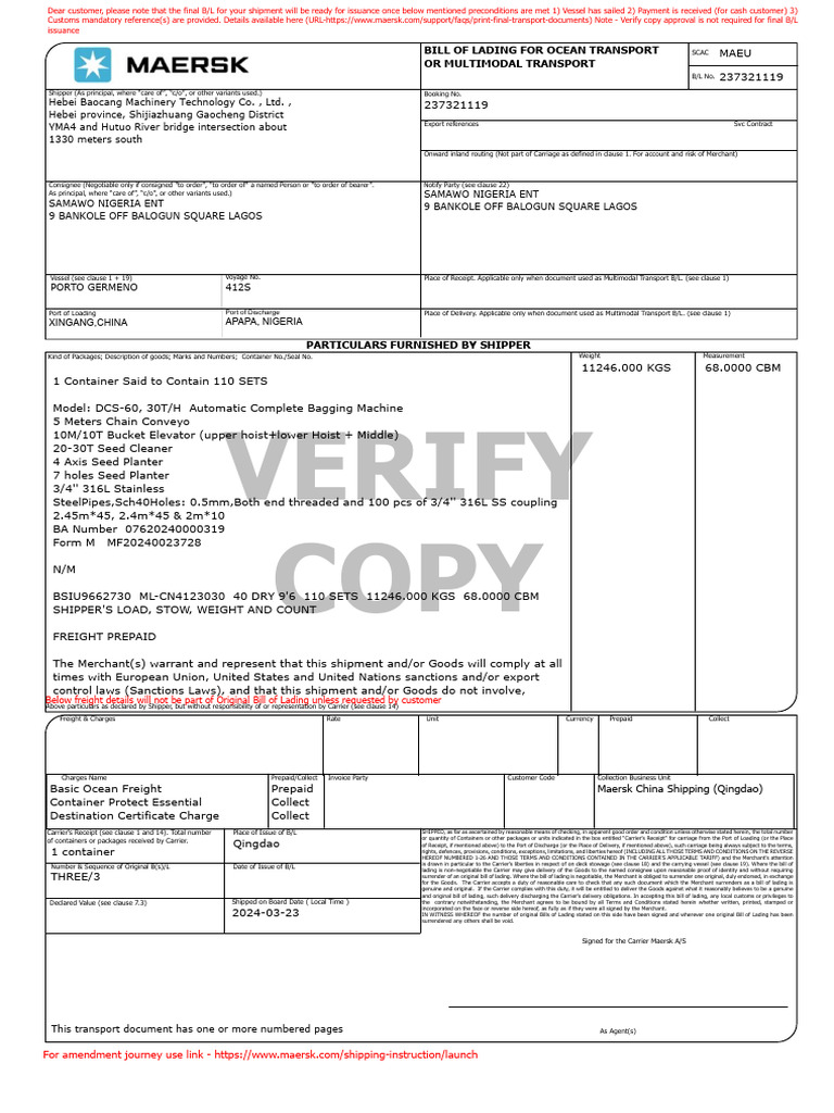 Verify Copy: Bill of Lading For Ocean Transport or Multimodal Transport | PDF