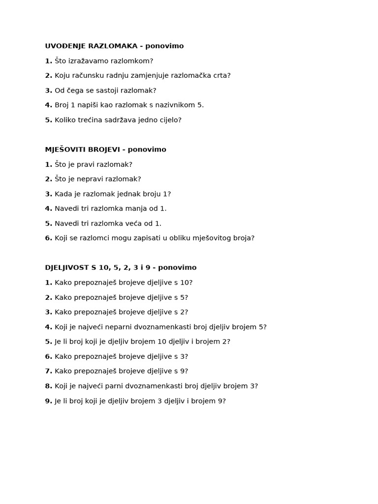 Pitanja Za Ponavljanje - Djeljivost I Razlomci (7) - 1 | PDF