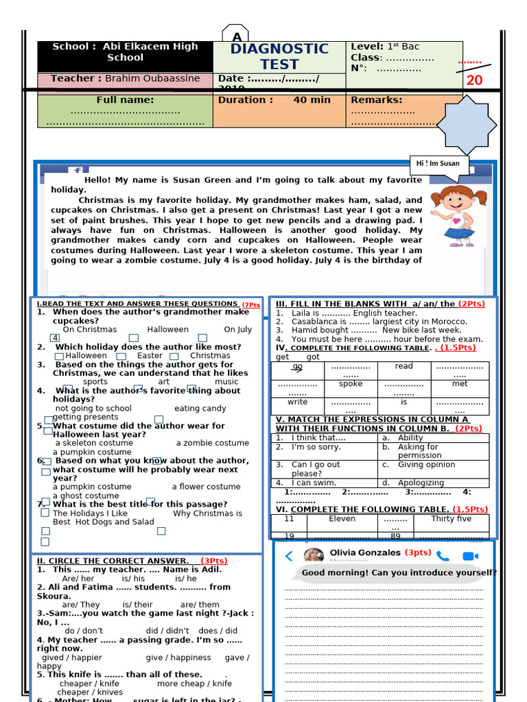 1st Bac Diagnostic Test | PDF