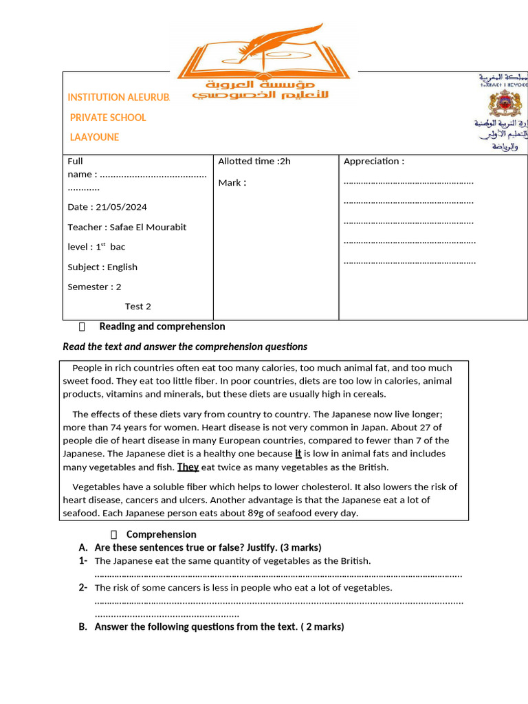 1st BAC TEST 2 | PDF