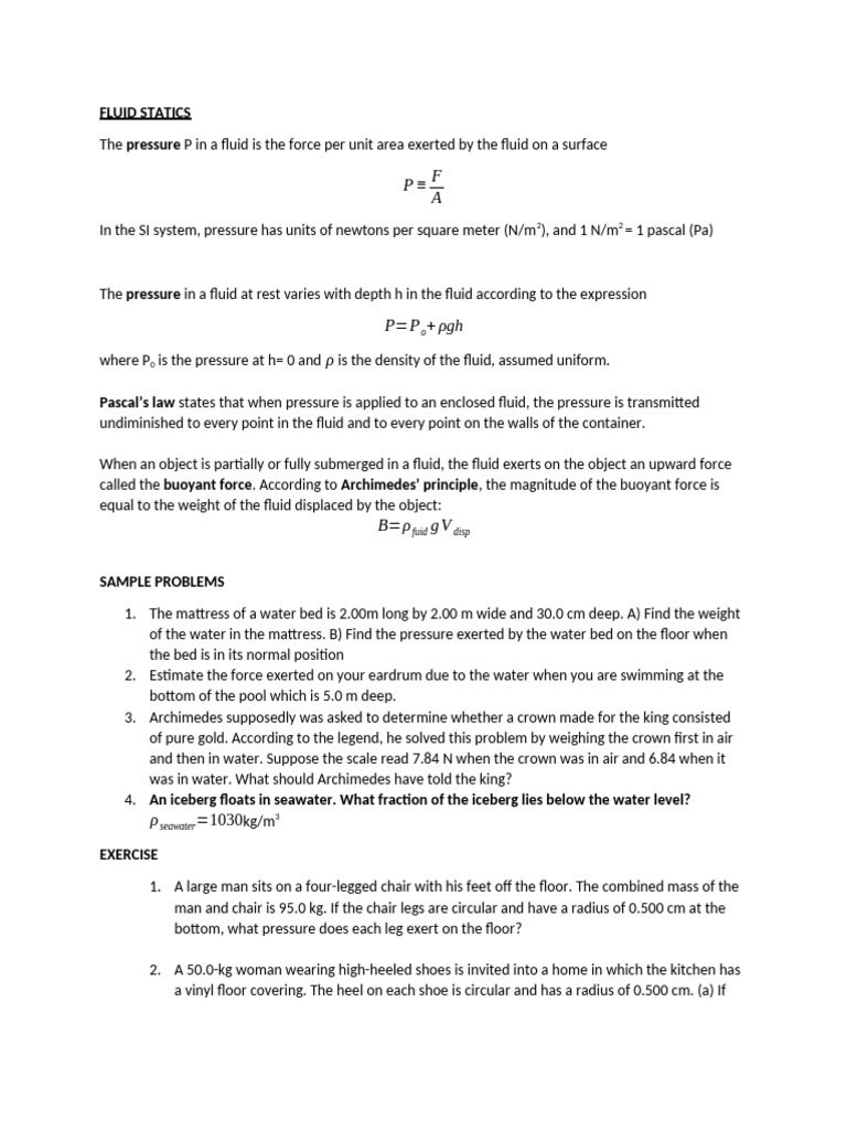 Sample Problems - Serway - Fluid Statics | PDF