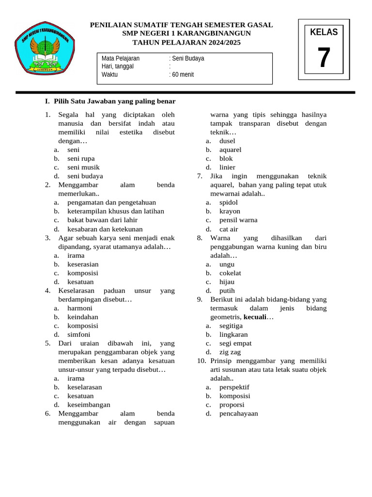 Soal seni budaya kelas 7 | PDF