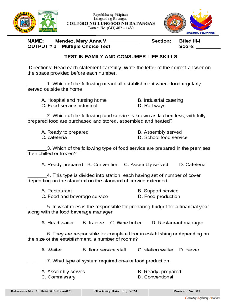 Family and Consumer Life Skills Test | PDF | Restaurants | Wellness