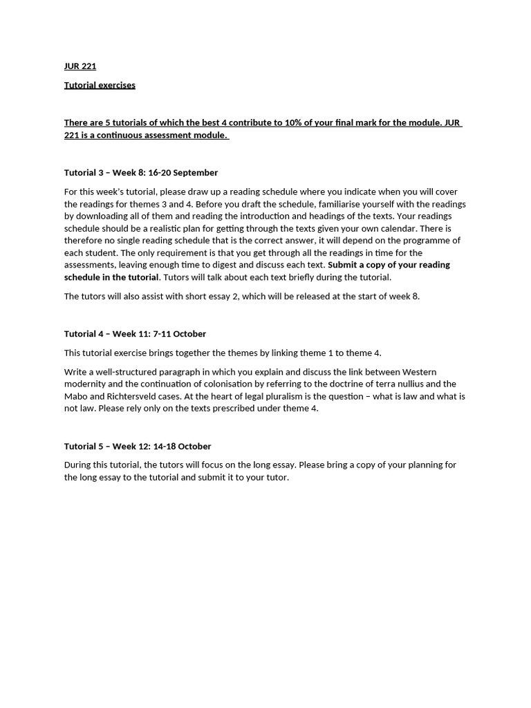 JUR 221 - Tutorial Exercises TUT 3, 4, 5 | PDF