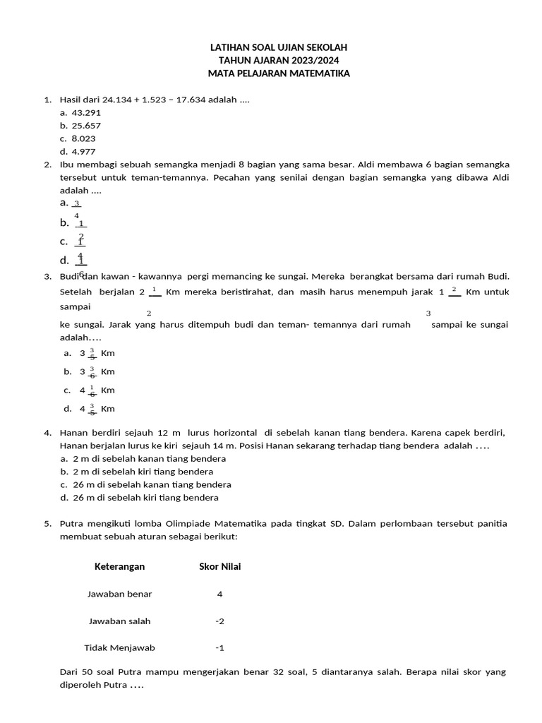 Matematika - Soal Sts Kelas Dasar | PDF