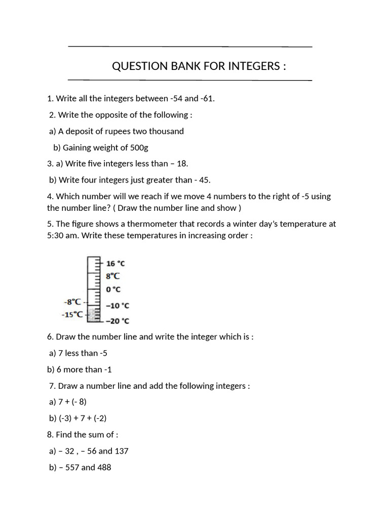 Question Bank For Integers | PDF