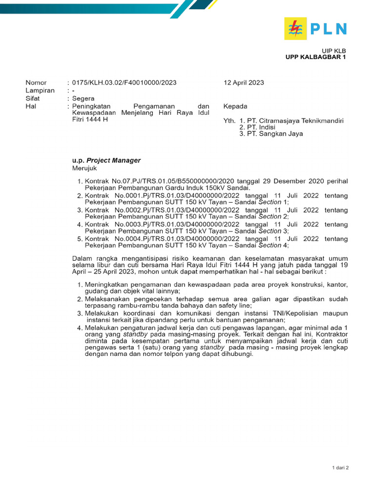 0175 - KLH.03.02 - F40010000 - 2023 Peningkatan Pengamanan Dan Kewaspadaan Menjelang Hari Raya ...