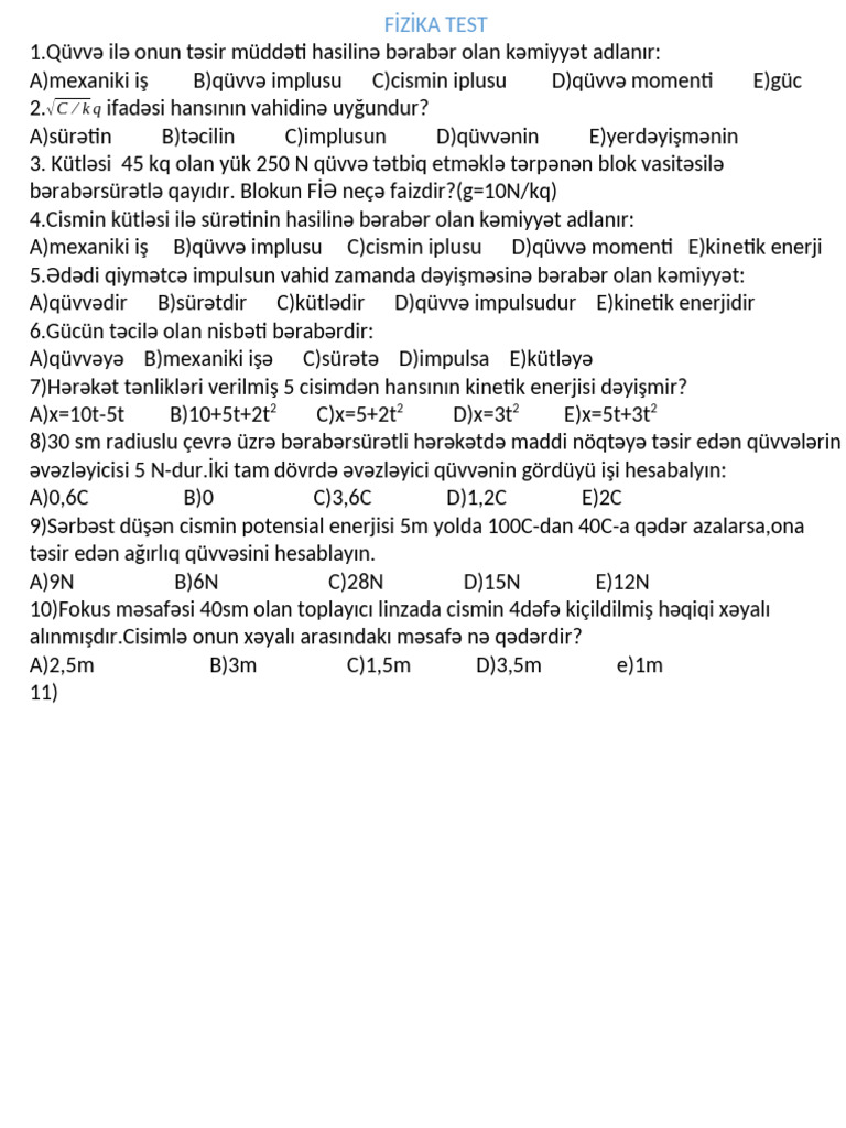 Fi̇zi̇ka Test | PDF