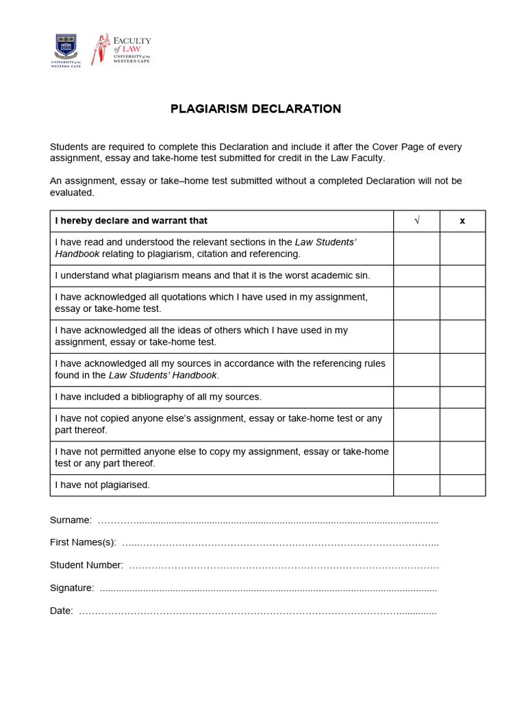 Law Plagiarism Declaration | PDF
