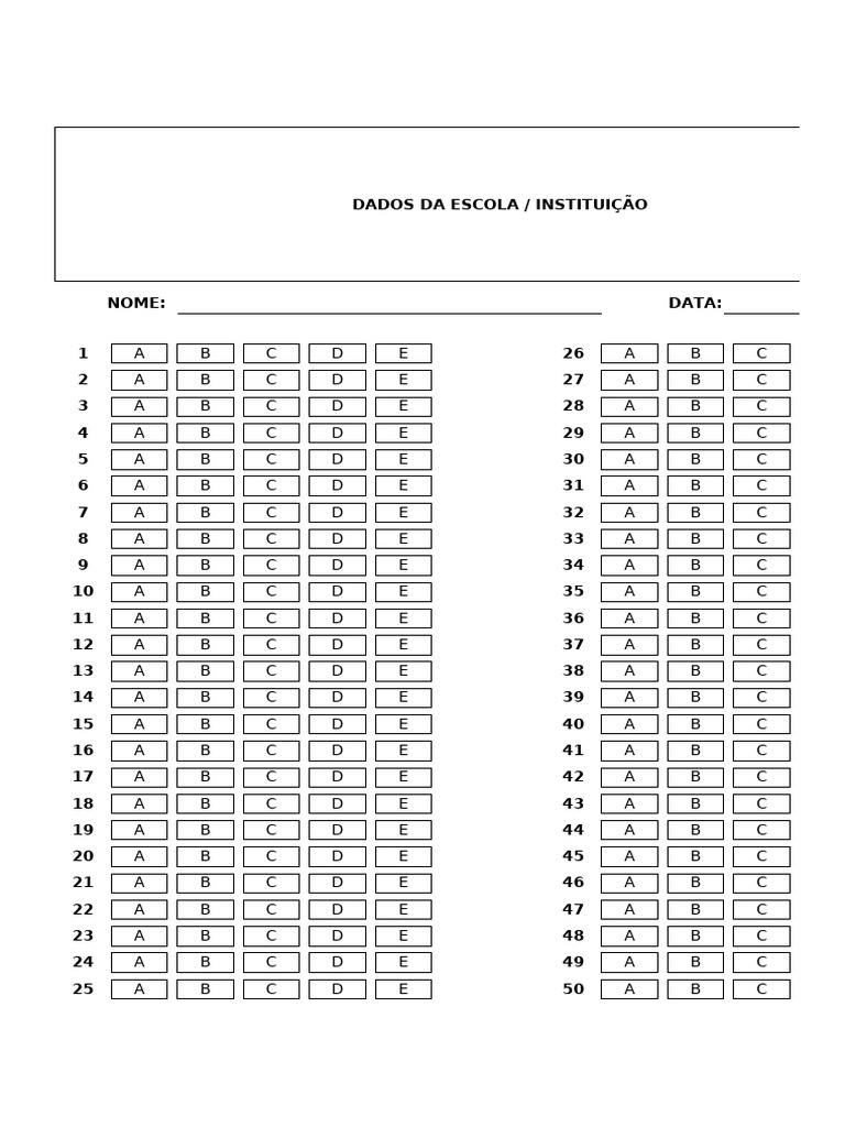 Modelo de Gabarito Com 50 e 100 Questoes | PDF
