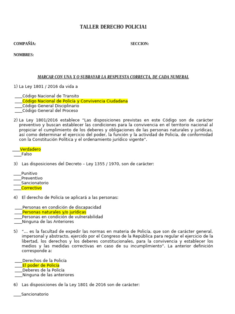 Taller Derecho De Policía Con Respuestas Pdf