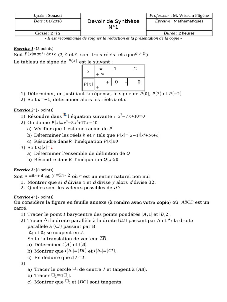 Devoir de Synthèse N°1:: 01/2018: Mathématiques: 2 Ti 2: 2 Heures (3 Points) | PDF
