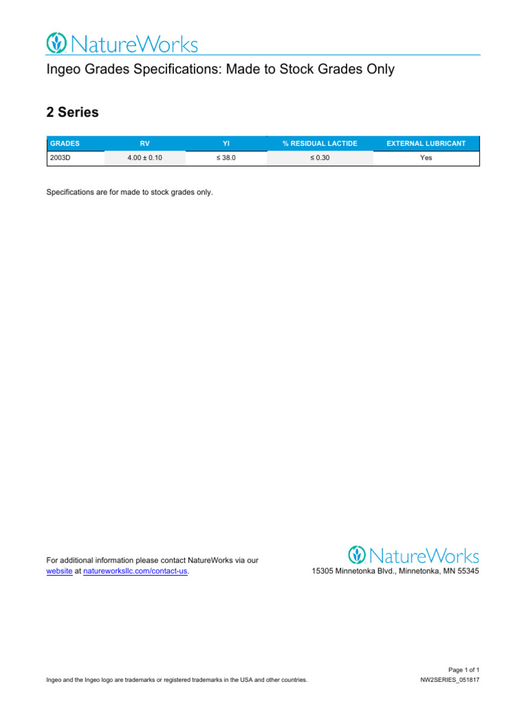Ingeo Grades Made To Stock Specifications - 2 Series - PDF | PDF