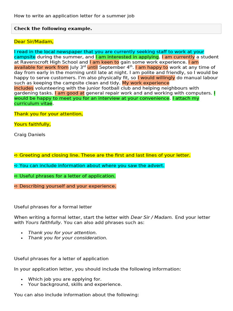 How To Write An Application Letter For A Summer Job | PDF