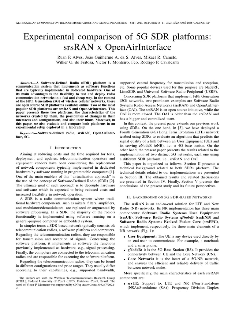 Experimental Comparison of 5G SDR Plaforms - srsRAN Vs OpenAinrInterface | PDF