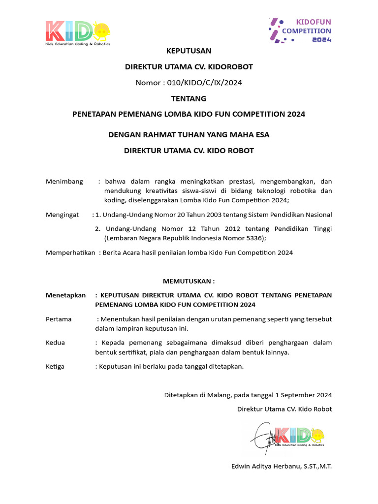 Surat Keputusan Kido Fun Competition 2024 | PDF